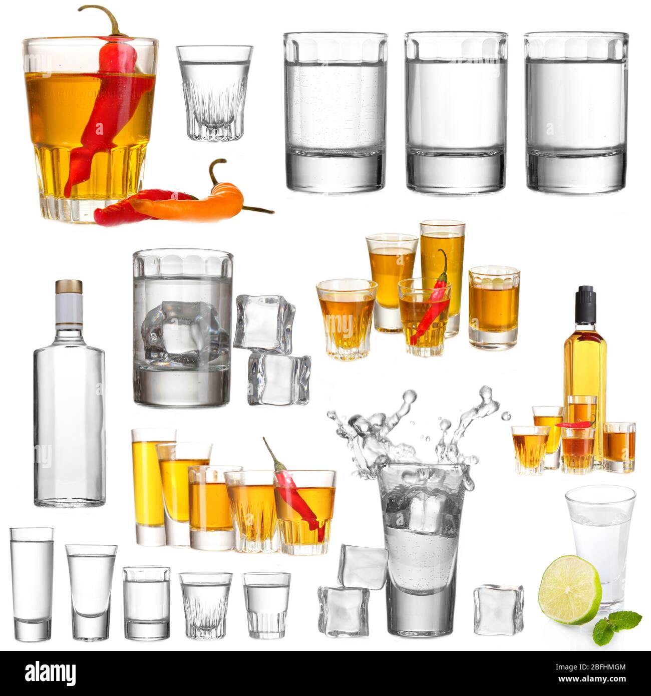 Collage of alcohol drinks. Vodka isolated on white Stock Photo - Alamy