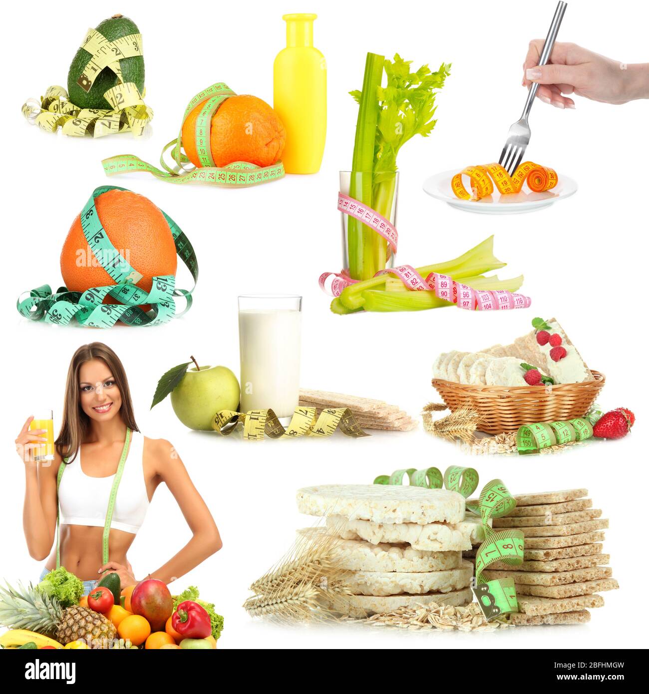 Collage of diet products isolated on white Stock Photo - Alamy