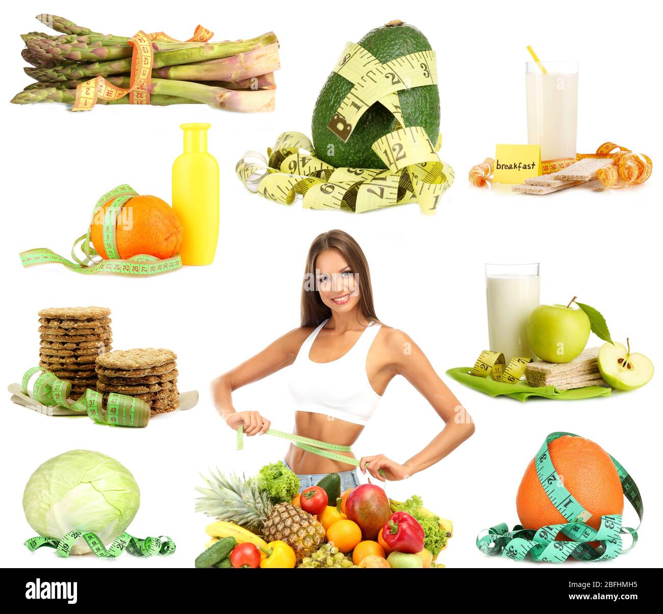 Collage of diet products isolated on white Stock Photo - Alamy