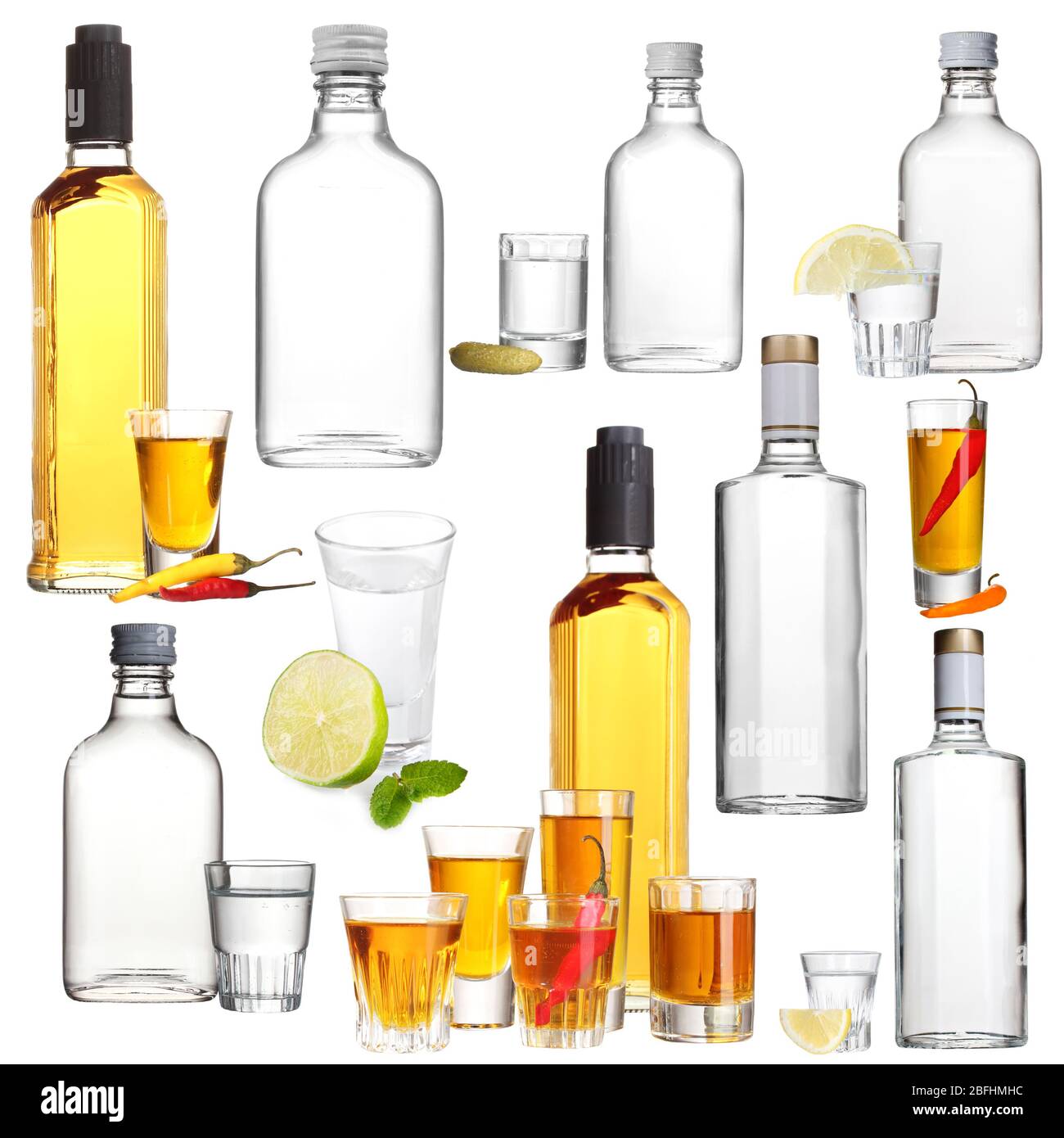 Collage of alcohol drinks. Vodka isolated on white Stock Photo - Alamy