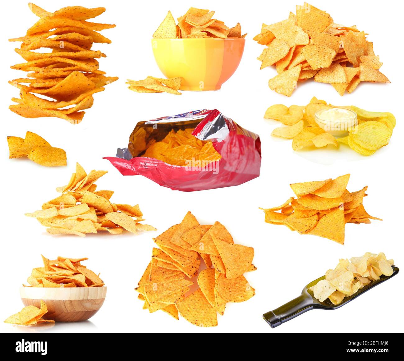 Collage of tasty potato chips isolated on white Stock Photo - Alamy