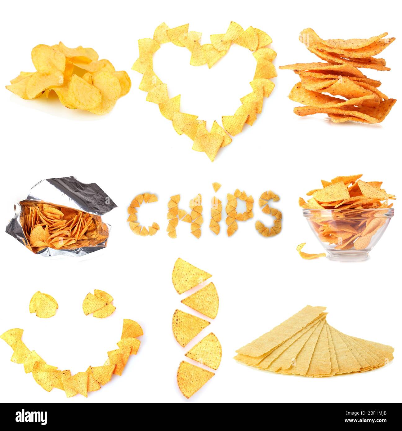 Collage of tasty potato chips isolated on white Stock Photo - Alamy