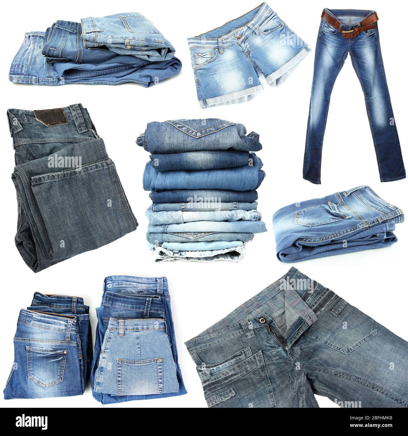 Collage of jeans isolated on white Stock Photo - Alamy
