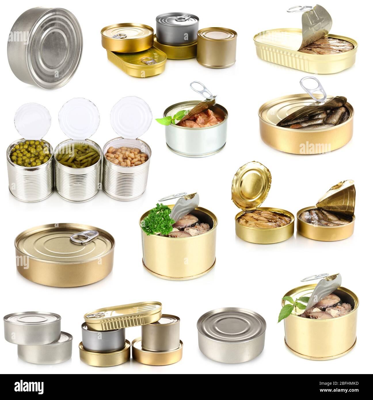 Collage of tin cans with food isolated on white Stock Photo - Alamy