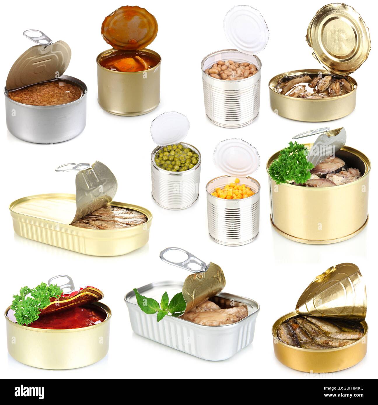 Collage of tin cans with food isolated on white Stock Photo - Alamy