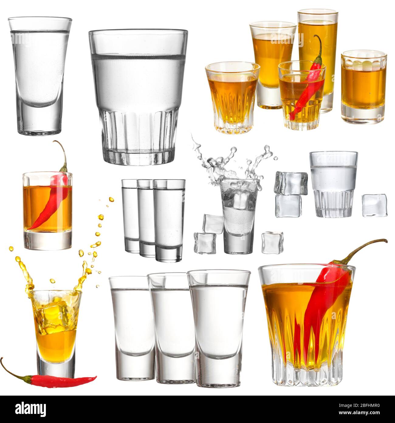 Collage of alcohol drinks. Vodka isolated on white Stock Photo - Alamy