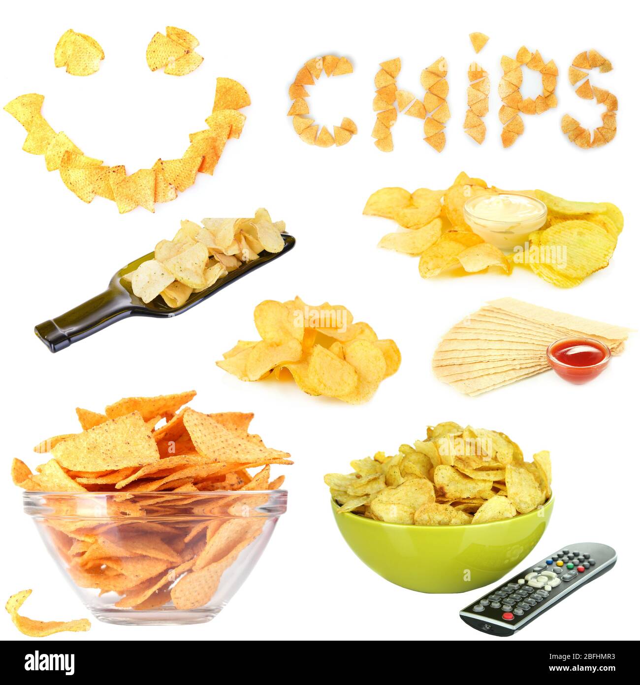 Collage of tasty potato chips isolated on white Stock Photo - Alamy