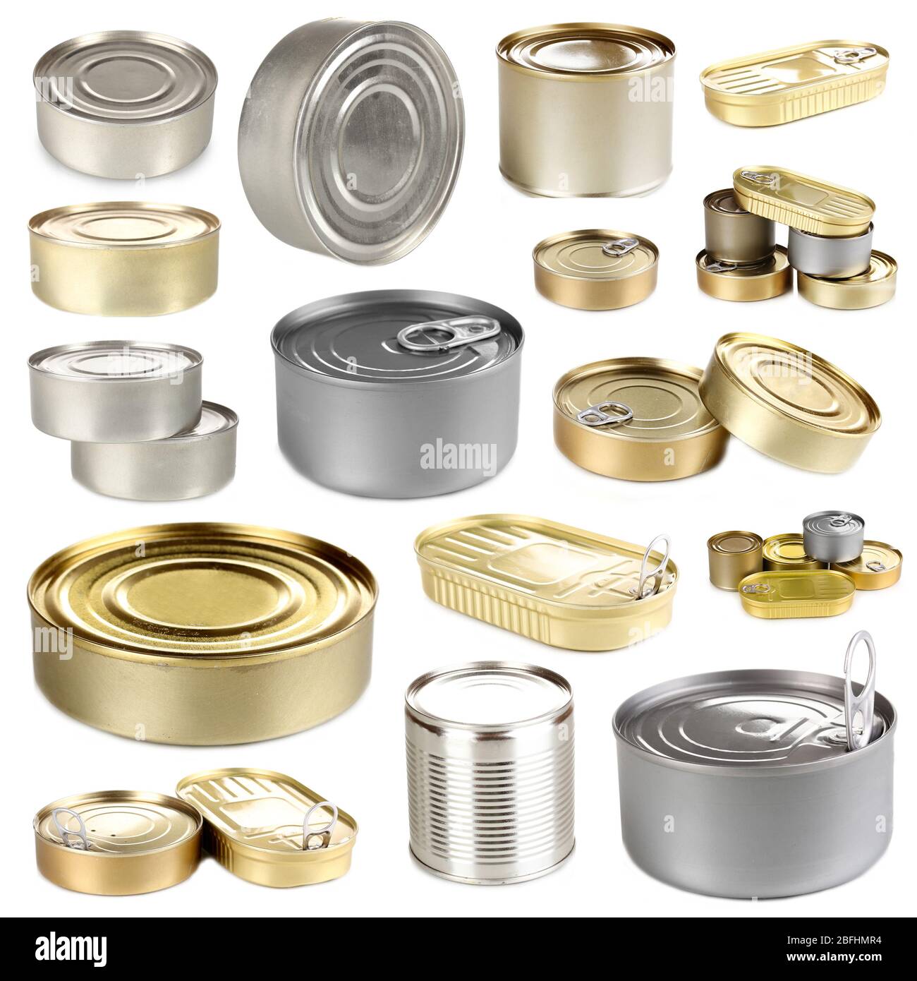 Collage of tin cans with food isolated on white Stock Photo - Alamy