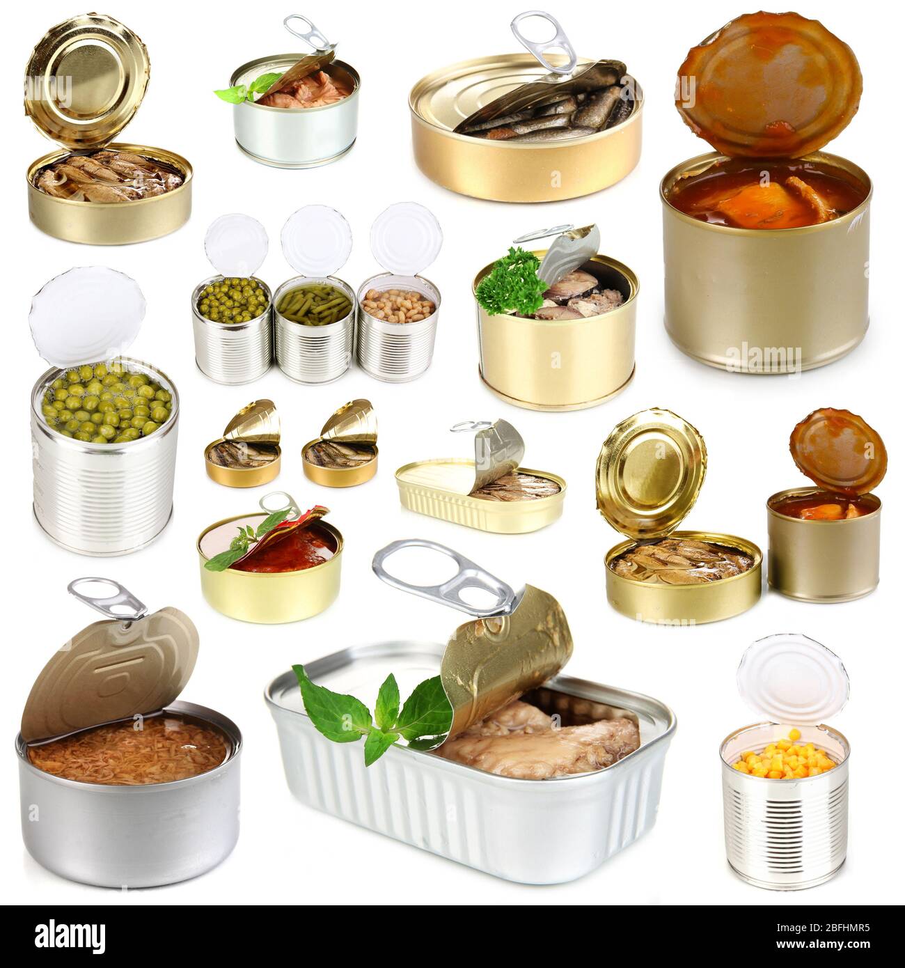 Collage of tin cans with food isolated on white Stock Photo - Alamy