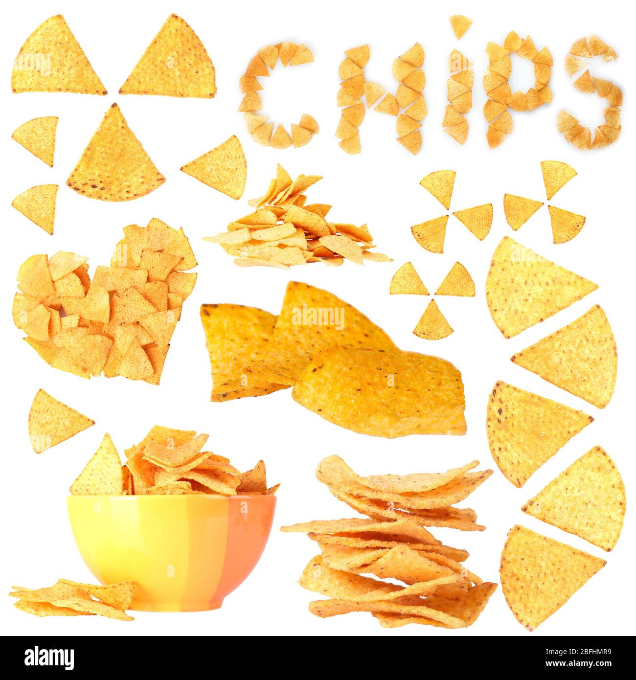 Collage of tasty potato chips isolated on white Stock Photo - Alamy