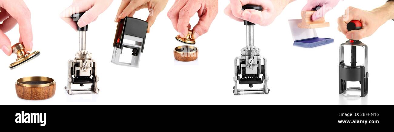 Collage of different stamps in hand isolated on white Stock Photo - Alamy