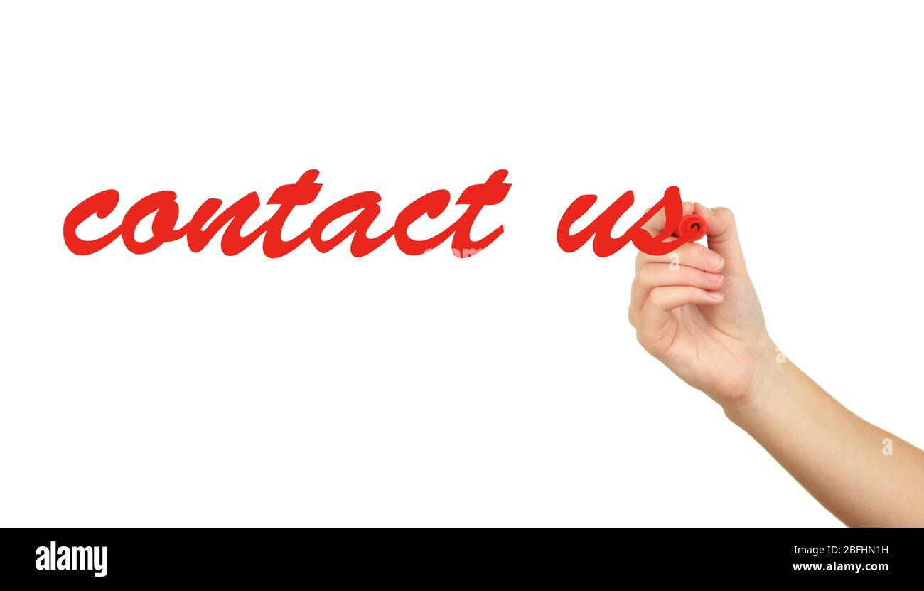 Contact us hand writing on transparent board Stock Photo - Alamy
