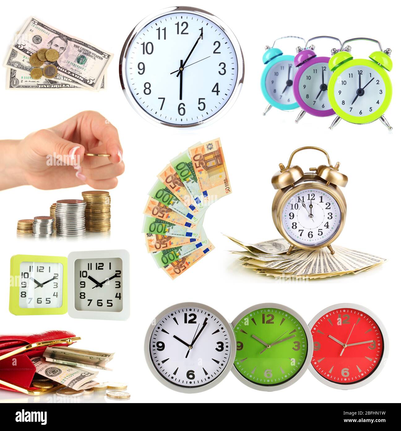 Collage of clocks and money isolated on white Stock Photo - Alamy