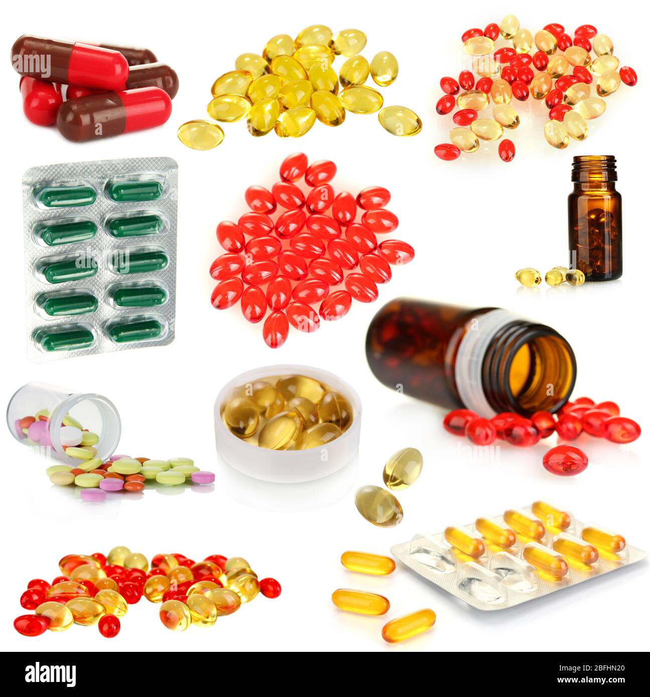 Collage of pills isolated on white Stock Photo - Alamy