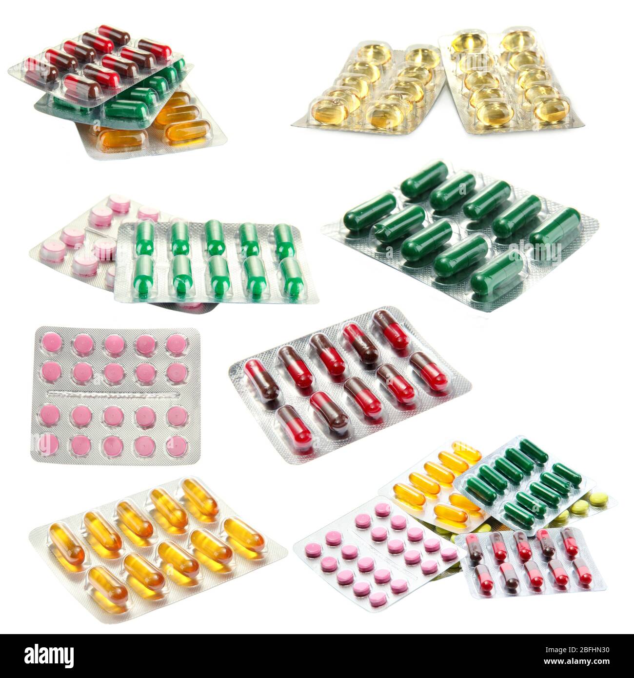 Collage of pills isolated on white Stock Photo - Alamy