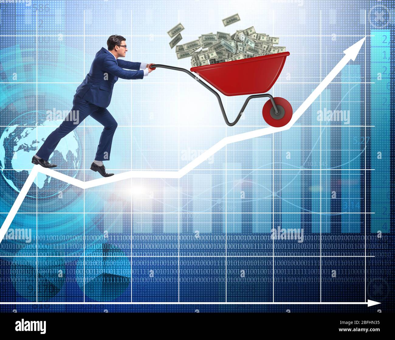 The businessman pushing wheelbarrow full of dollar money Stock Photo ...