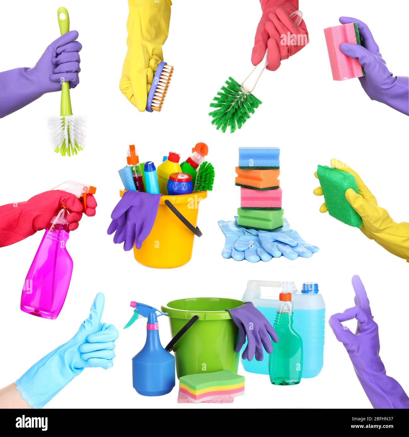 Collage of cleaning equipment in hands isolated on white Stock Photo ...