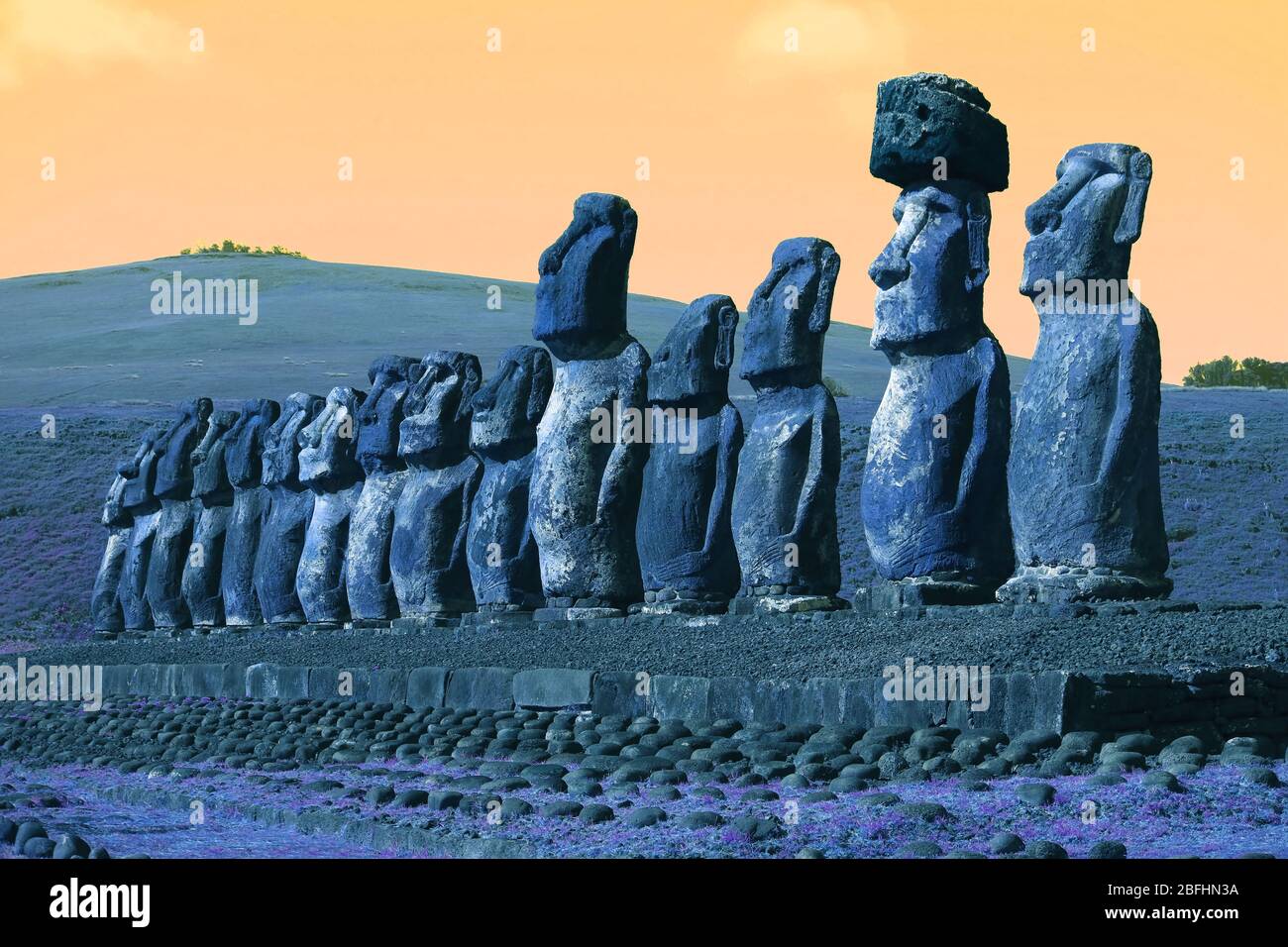 Pop art style blue and orange colored gigantic Moai statues of Ahu ...