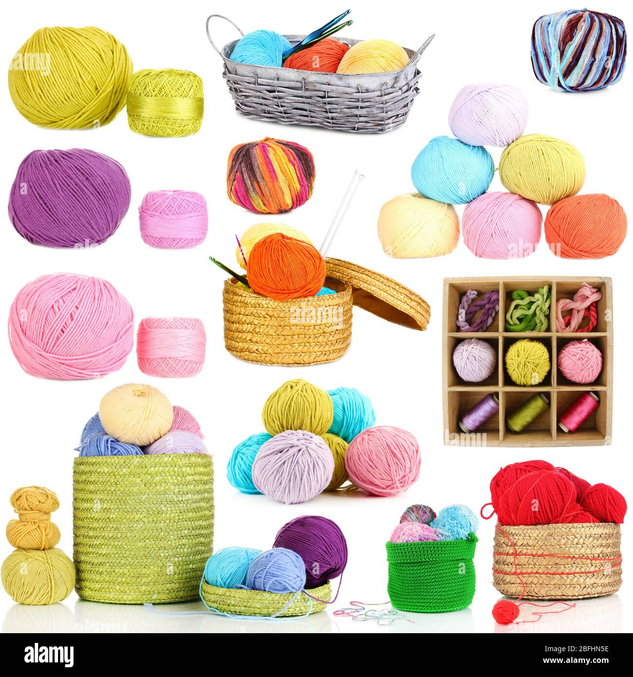 Collage of colorful knitting yarn isolated on white Stock Photo - Alamy