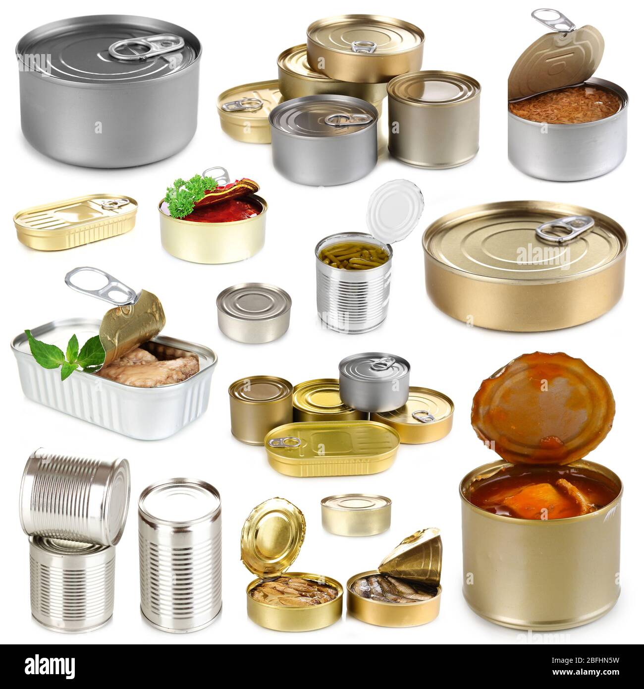Collage of tin cans with food isolated on white Stock Photo - Alamy