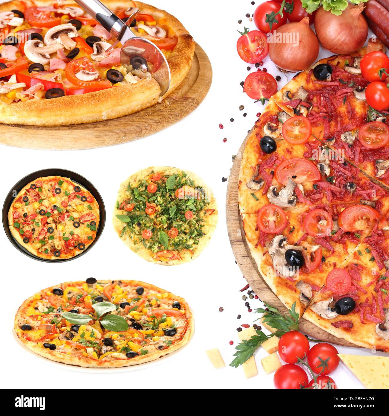 Collage of various pizza isolated on white Stock Photo - Alamy