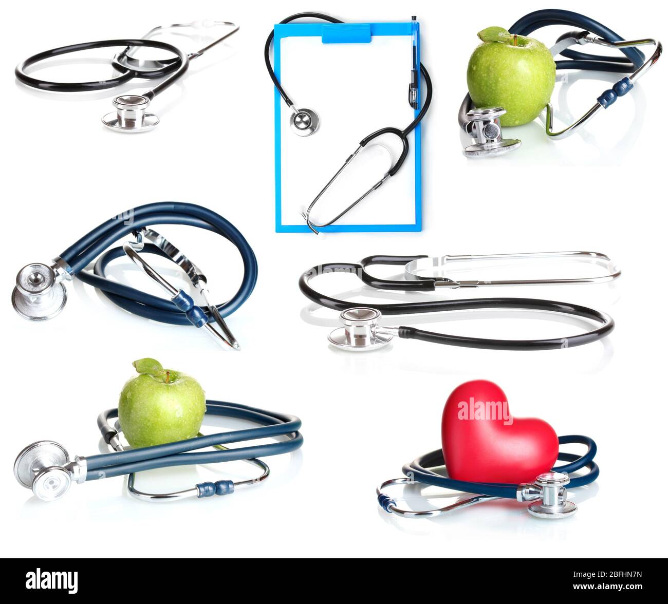 Collage of medical stethoscope isolated on white Stock Photo - Alamy