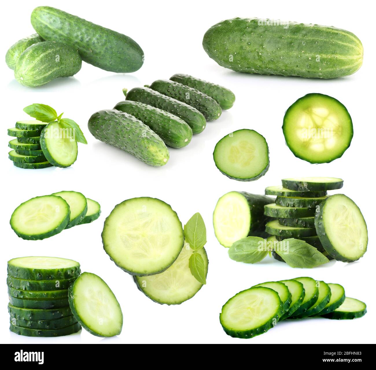Cucumber collage isolated on white Stock Photo - Alamy
