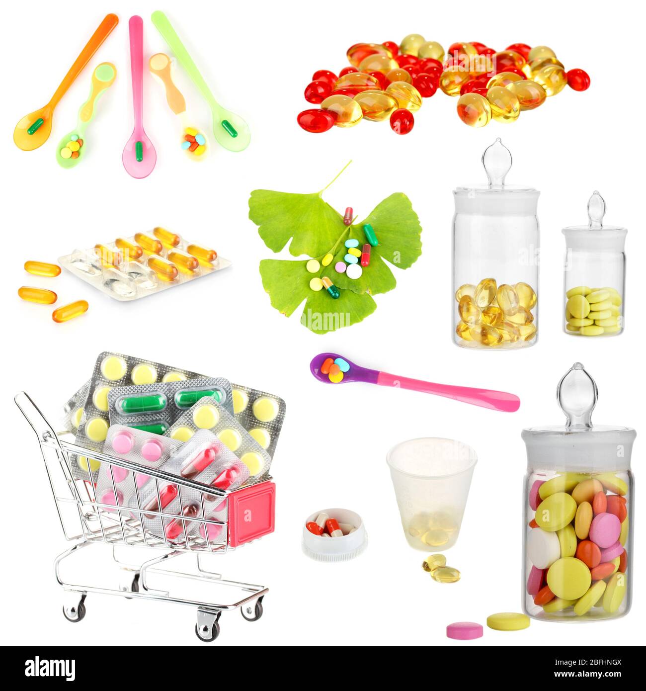 Collage of pharmaceutical products isolated on white Stock Photo - Alamy