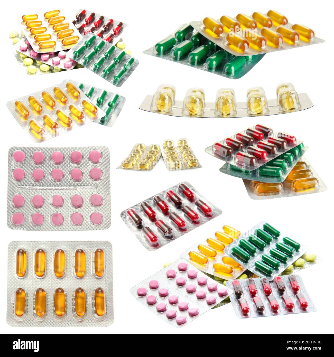 Collage of pills isolated on white Stock Photo - Alamy