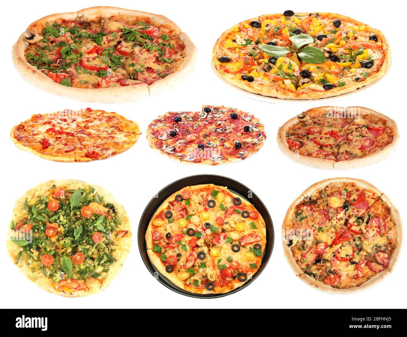 Collage of various pizza isolated on white Stock Photo - Alamy