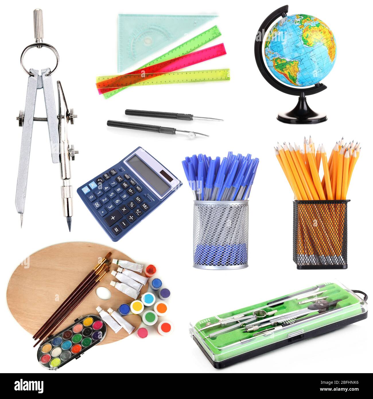 Collage of school supplies isolated on white Stock Photo - Alamy