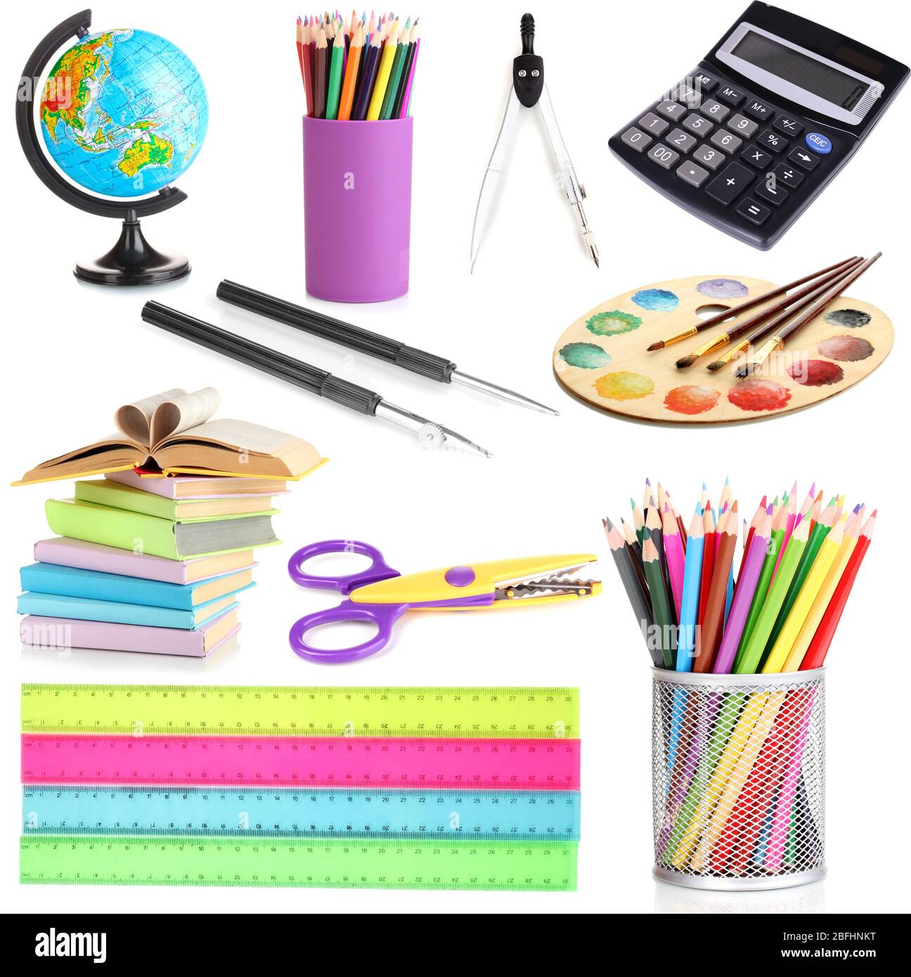 Collage of school supplies isolated on white Stock Photo - Alamy