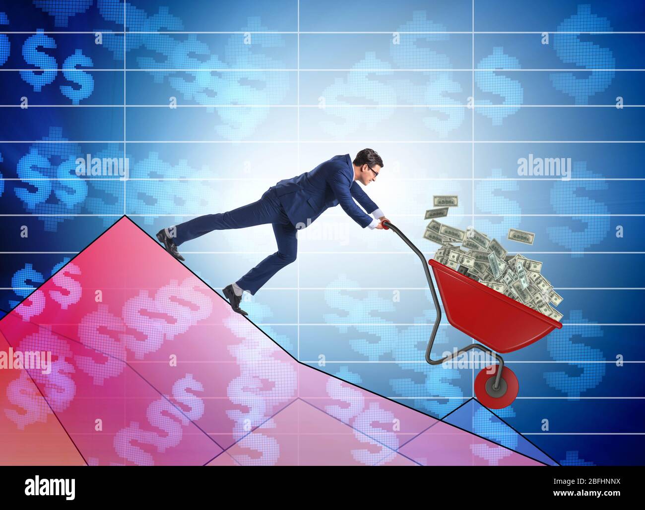The businessman pushing money wheelbarrow down the chart Stock Photo ...