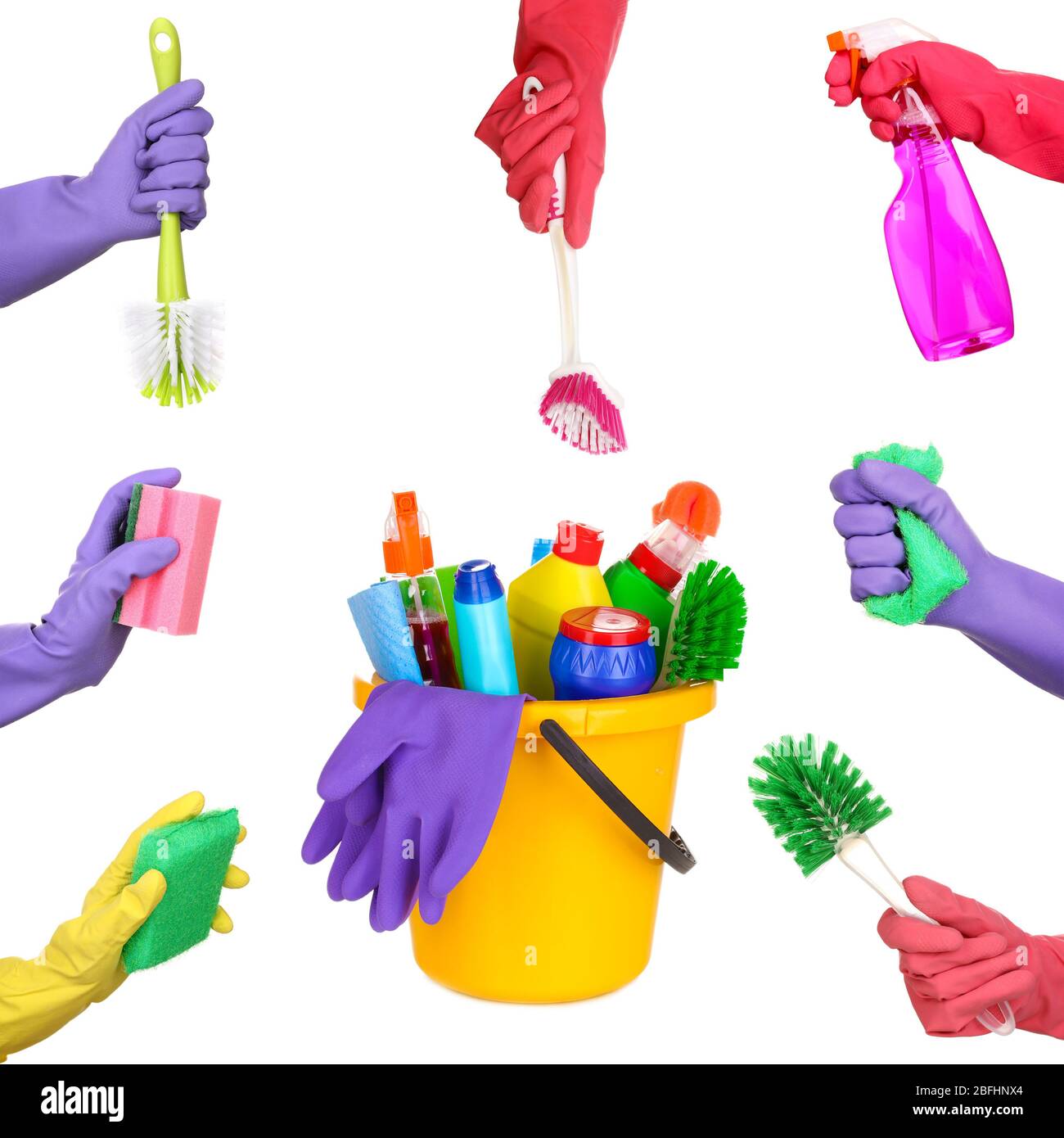 Collage of cleaning equipment in hands isolated on white Stock Photo ...