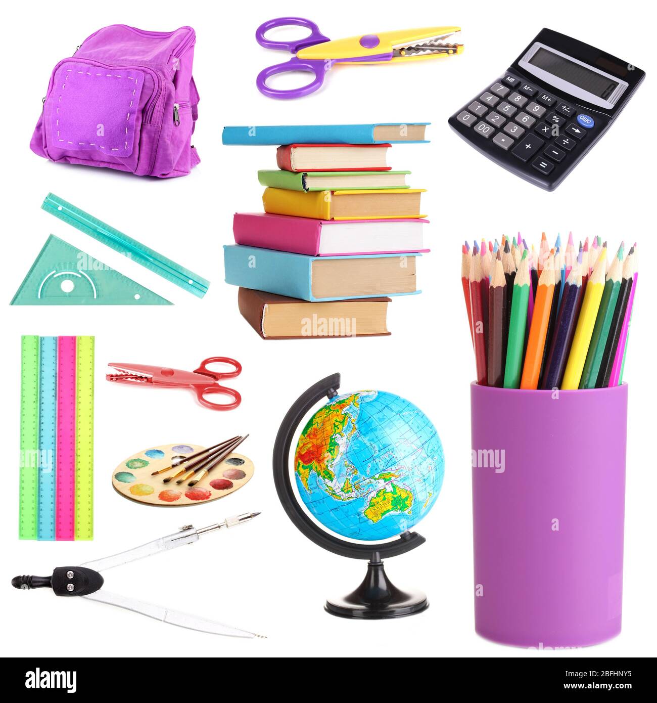 Collage of school supplies isolated on white Stock Photo - Alamy