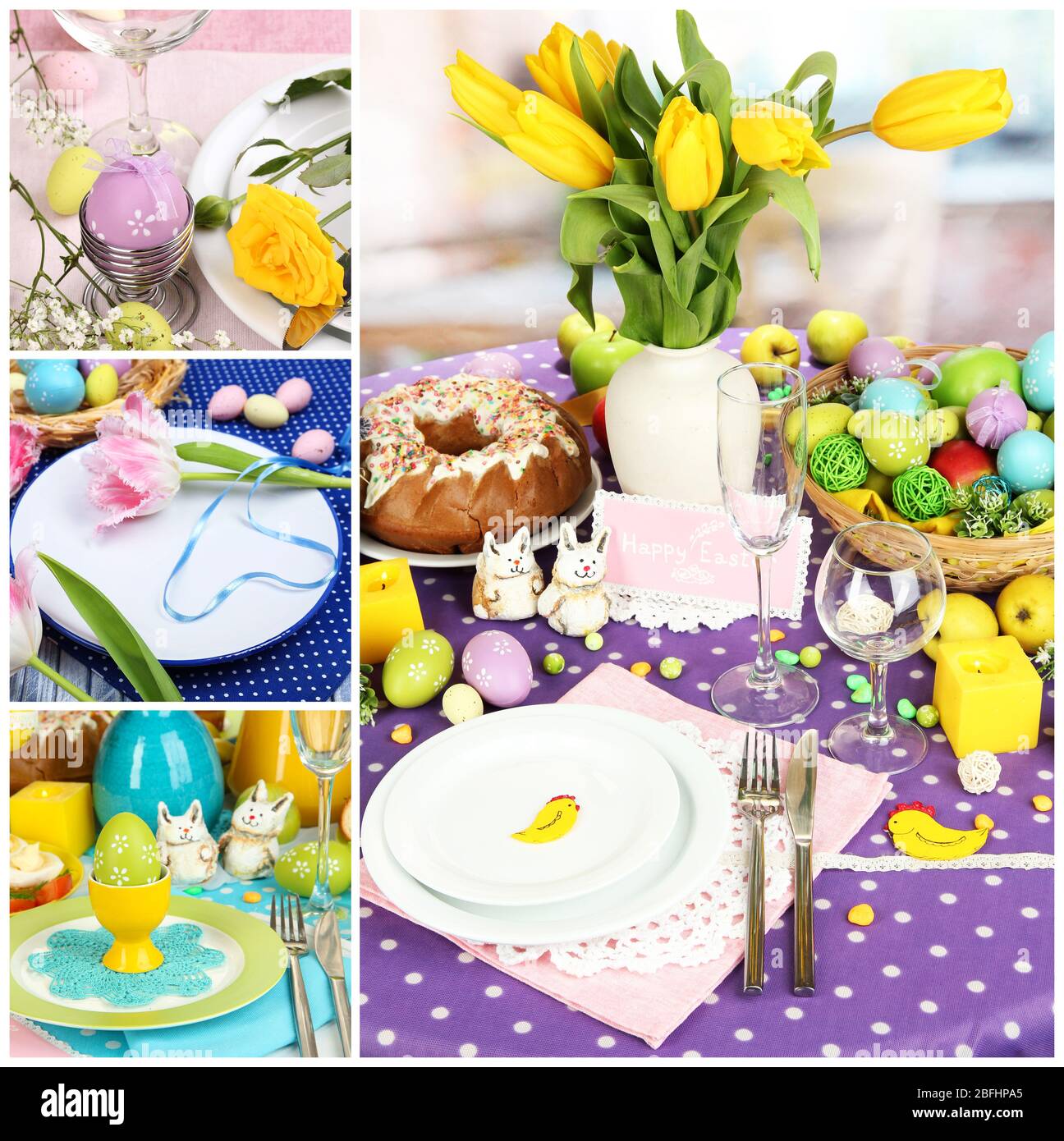 Easter collage with easter eggs and table setting Stock Photo - Alamy