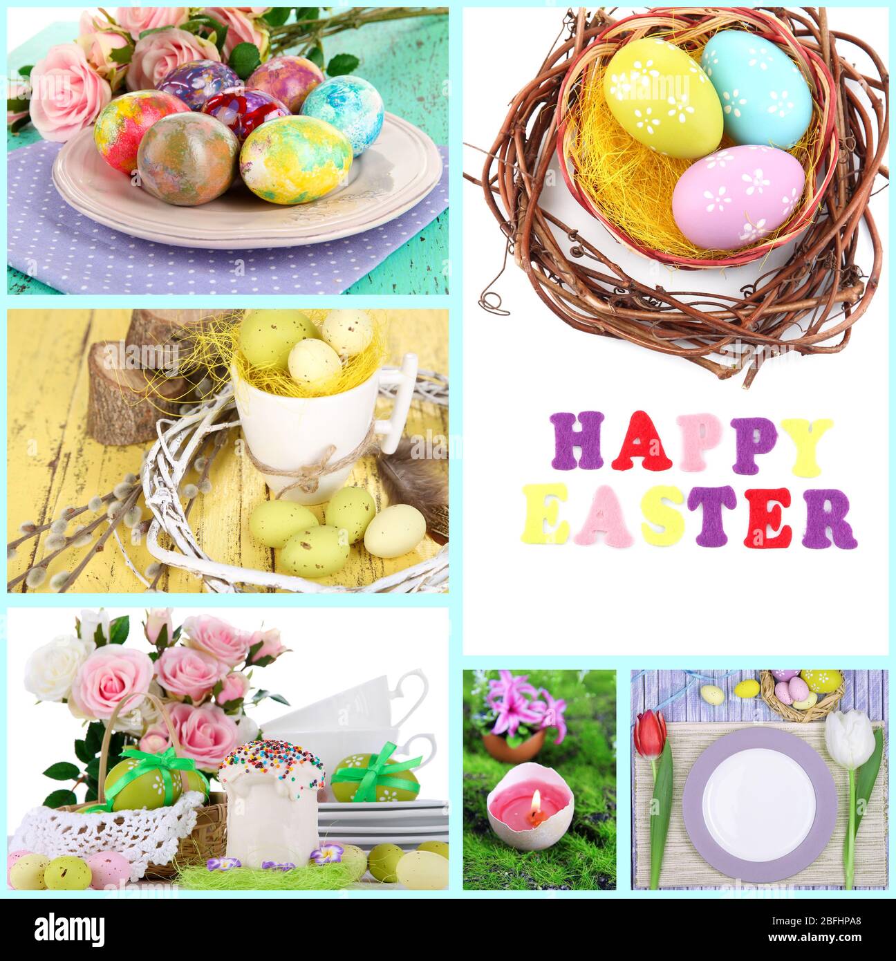 Easter collage with easter eggs and table setting Stock Photo - Alamy