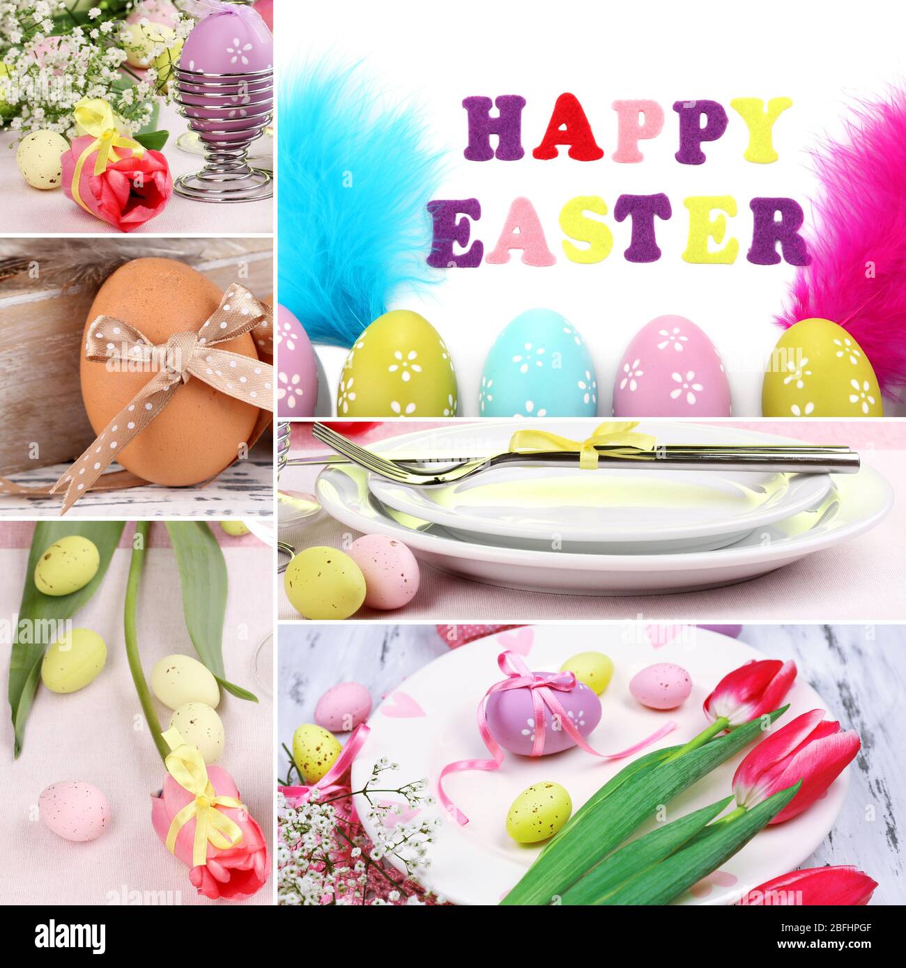 Easter collage with easter eggs and table setting Stock Photo - Alamy