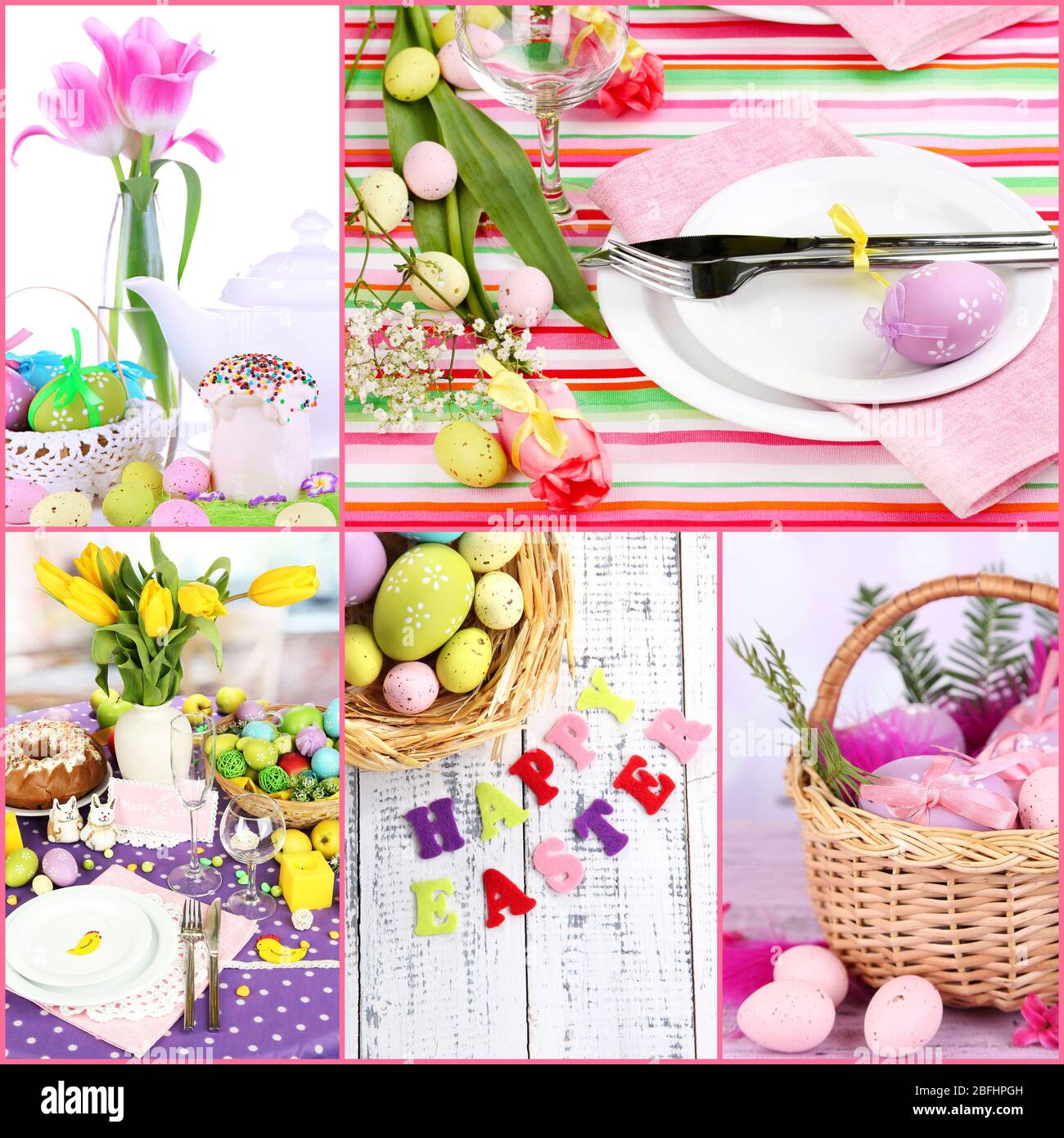 Easter collage with easter eggs and table setting Stock Photo - Alamy