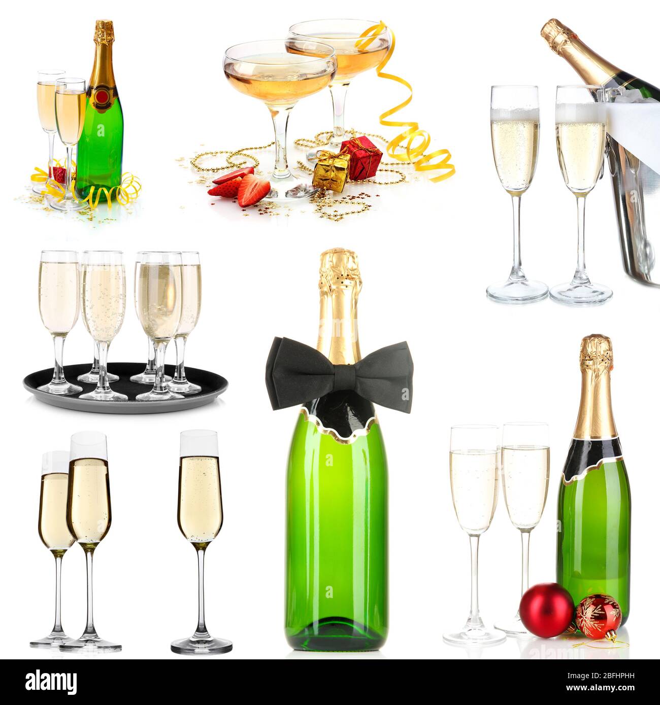 Champagne collage isolated on white Stock Photo - Alamy