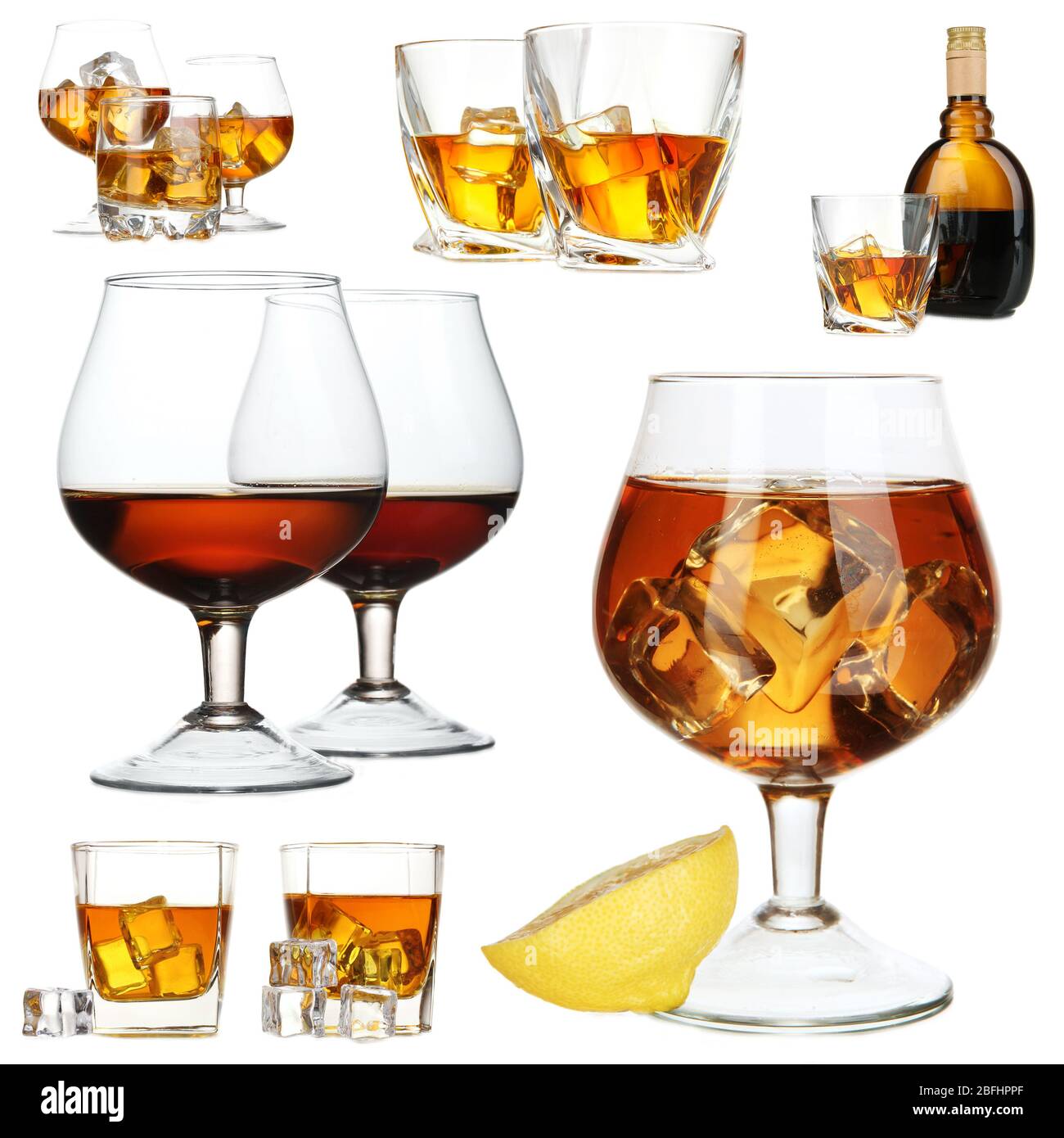 Collage of brandy glasses with ice cubes isolated on white Stock Photo ...