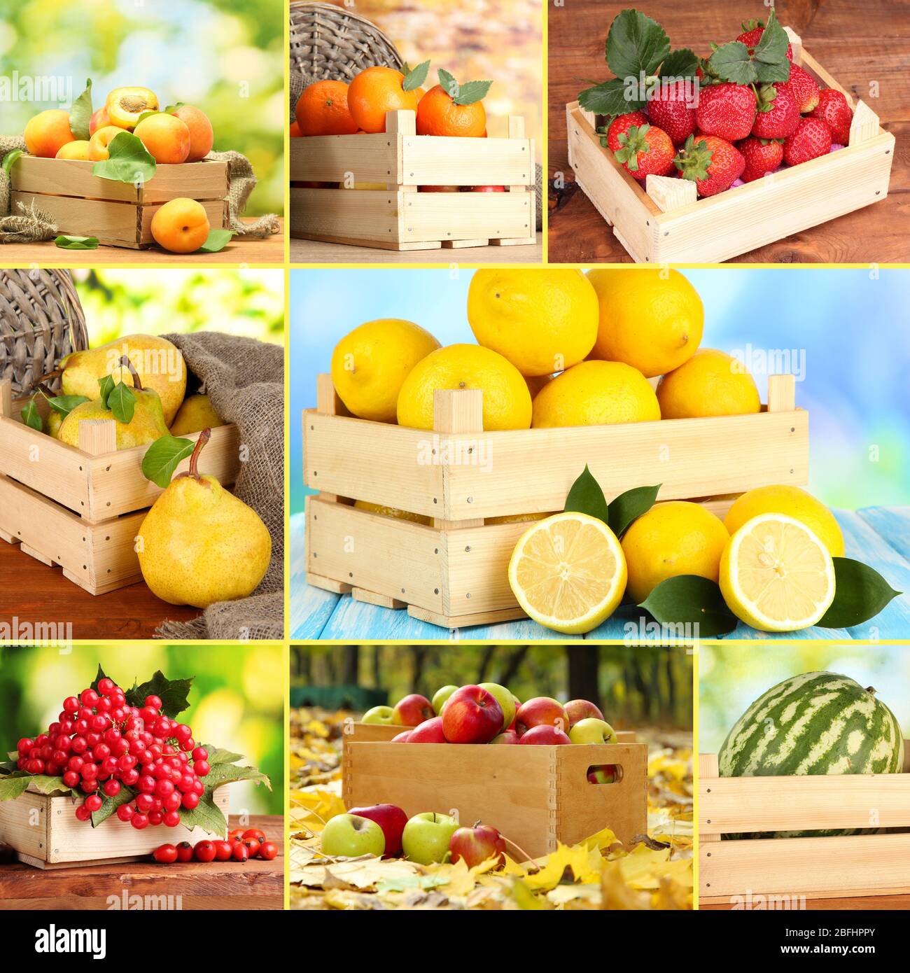 Collage of berries and fruits in wooden boxes Stock Photo - Alamy