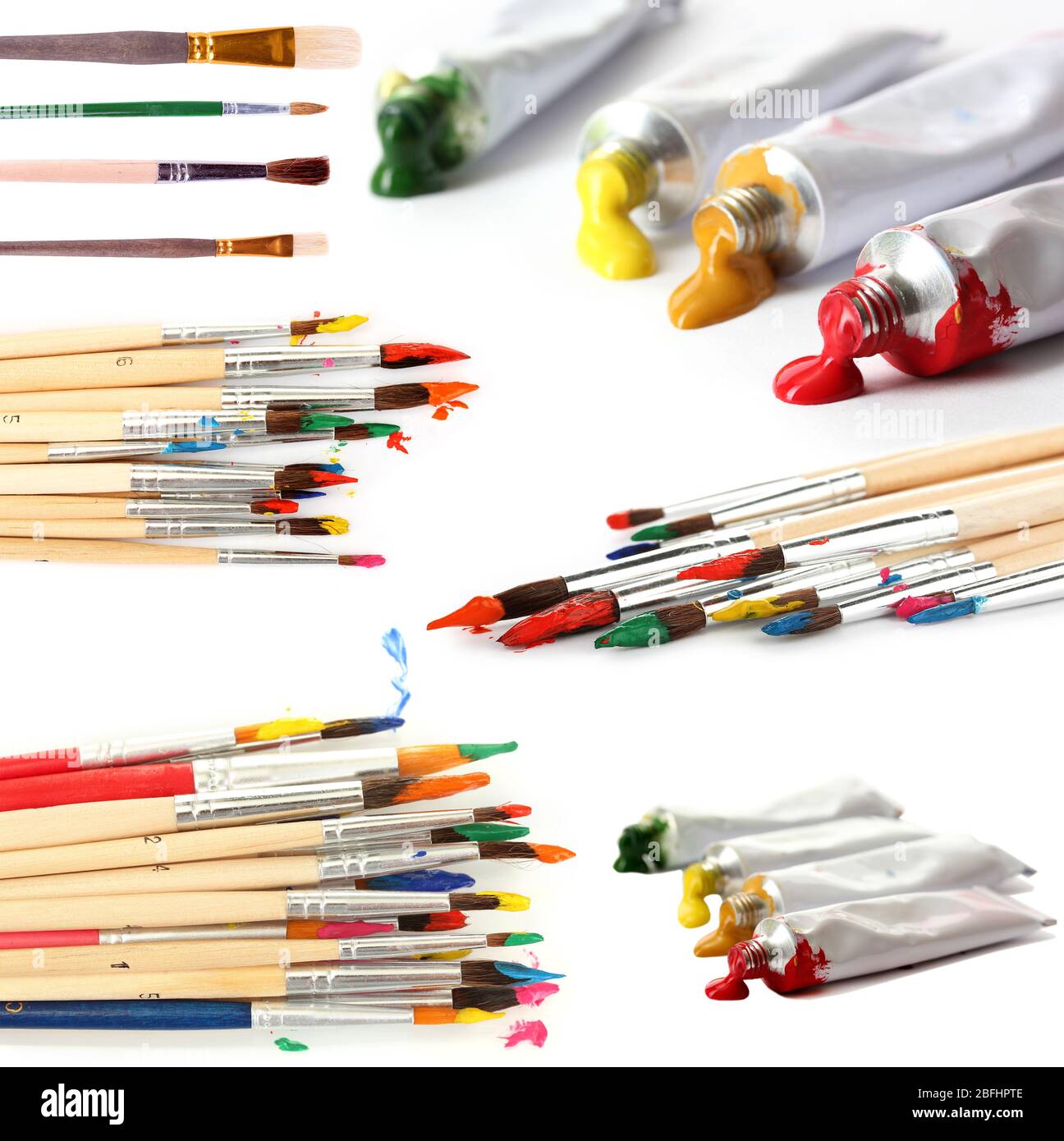 Collage of paint brushes with acrylic paint in tubes isolated on white ...