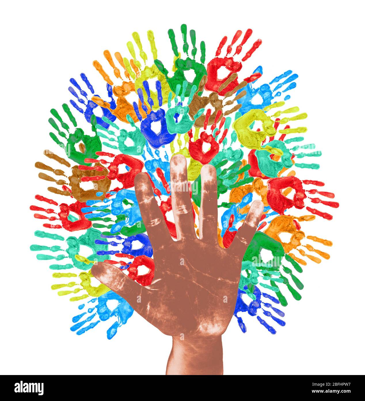 Colorful handprints in shape of tree isolated on white Stock Photo - Alamy