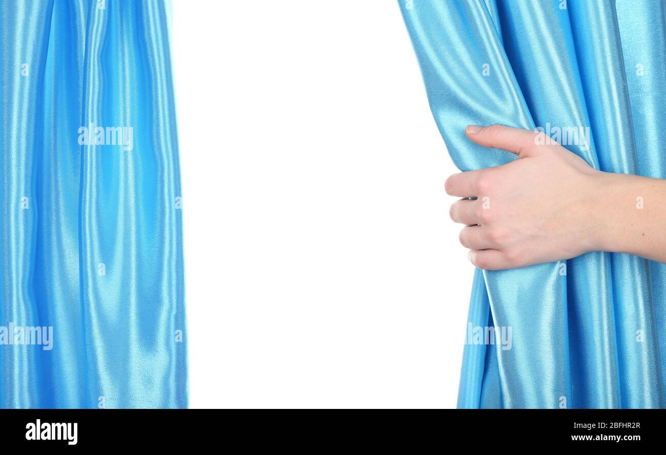 Hand opening curtain on white background Stock Photo - Alamy