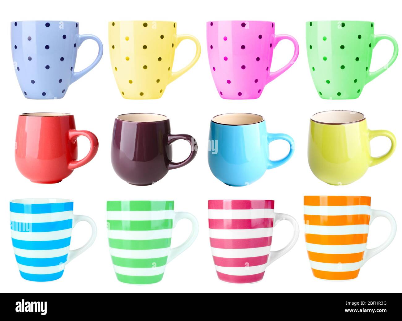 Collage of colorful mugs isolated on white Stock Photo - Alamy