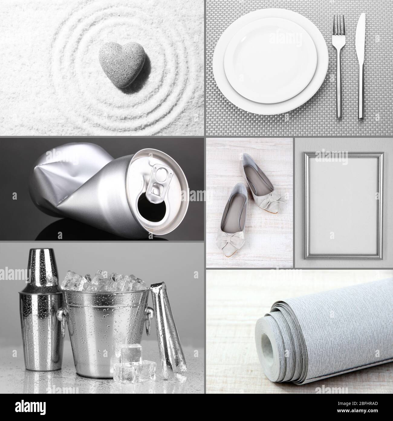 Collage of different objects in shades of gray Stock Photo - Alamy
