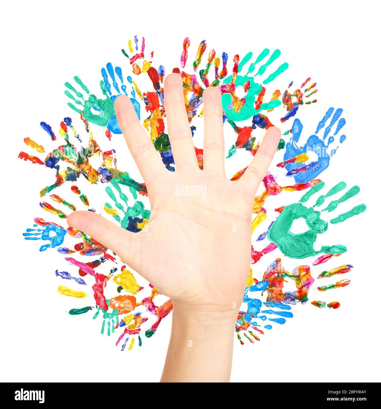 Hand and colorful handprints isolated on white Stock Photo - Alamy