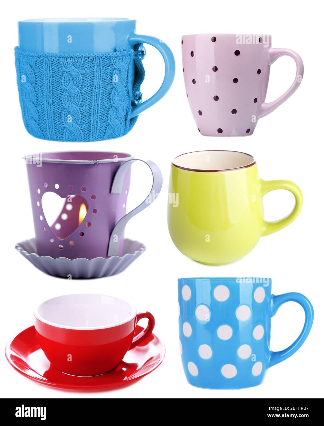 Collage of colorful mugs isolated on white Stock Photo - Alamy