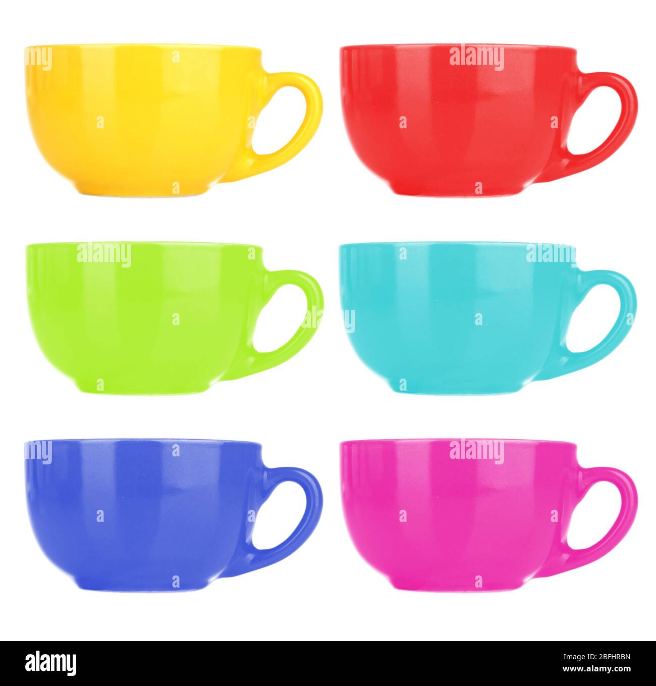 Collage of colorful mugs isolated on white Stock Photo - Alamy